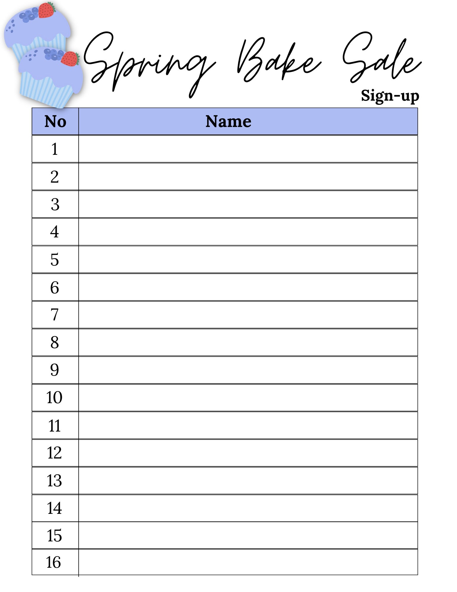 Spring Bake Sale Sign up Sheet Bake Sale Sheet Printable Bake Sale Sign ...
