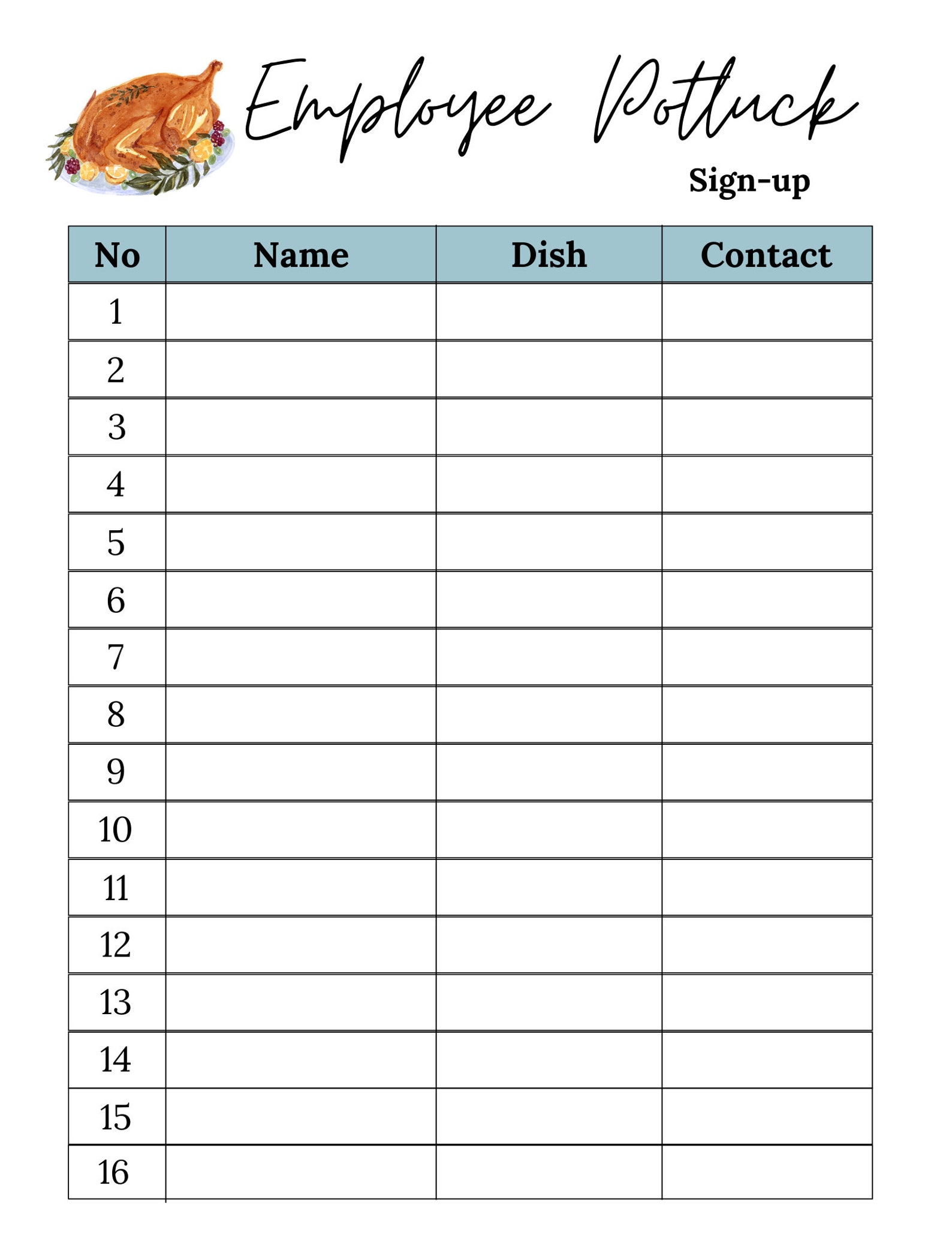Potluck Sign up Sheet Employee Potluck Sign up Sheet - Etsy