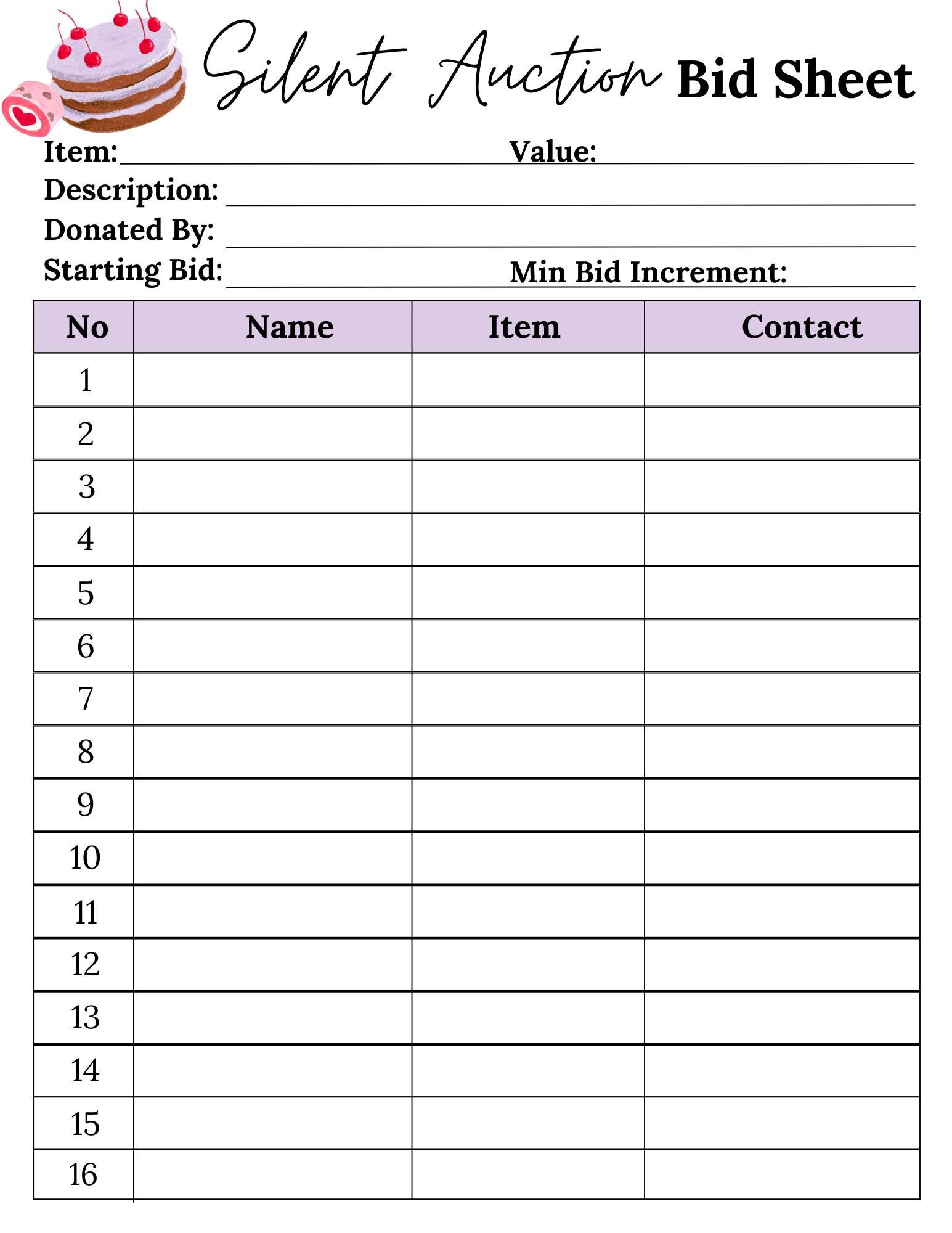 Dessert Silent Auction Bid Sheet | Dessert Bidding | Silent Auction ...