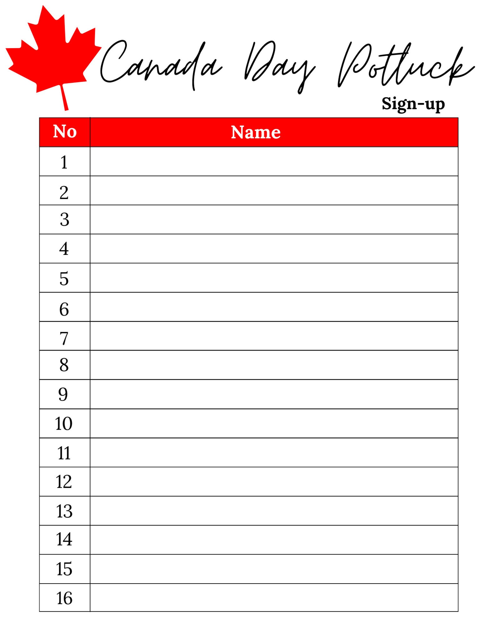 Potluck Sign up Sheet | Canada Day Potluck Sign up Sheet | Canada Day ...