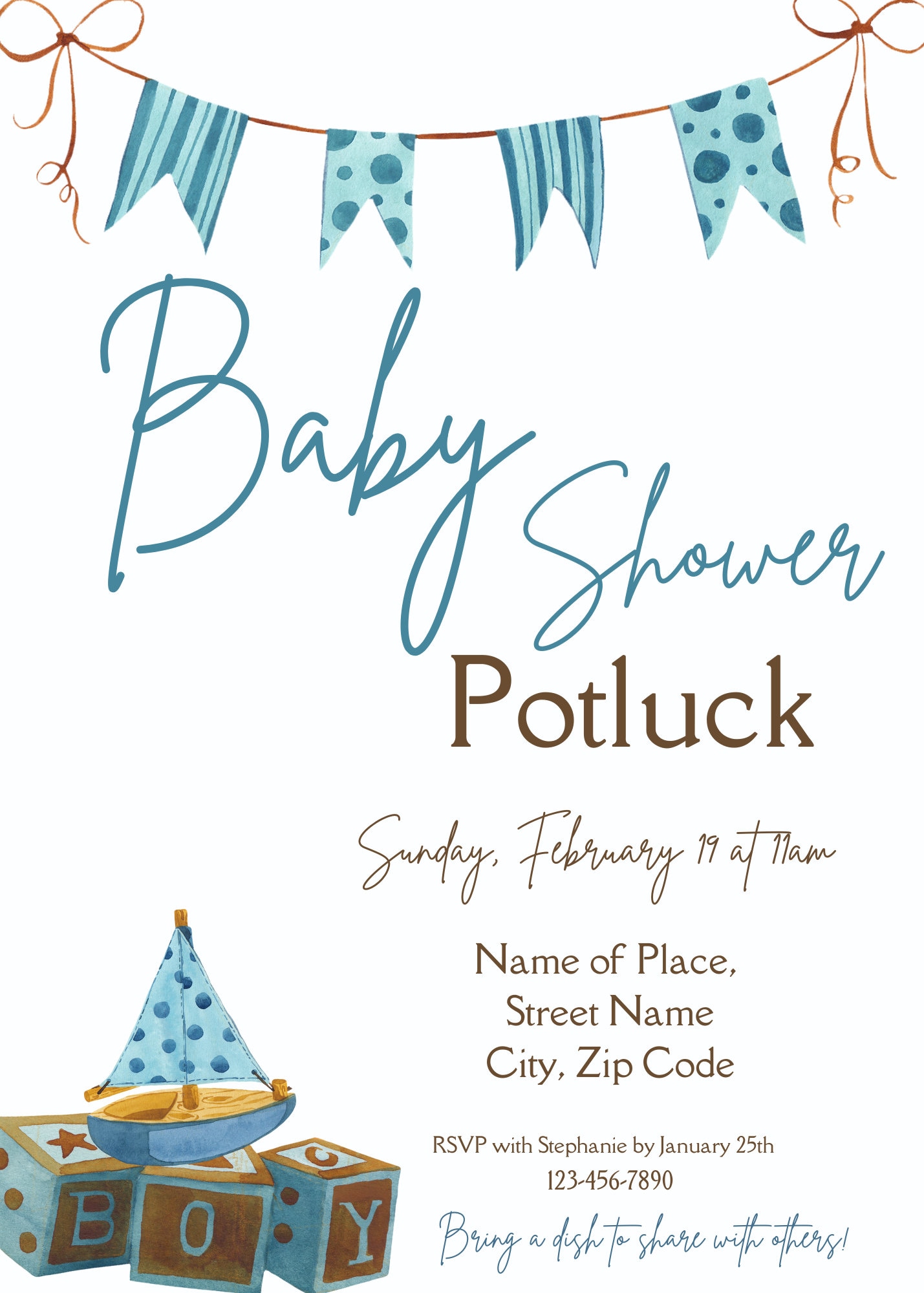 Baby Shower Potluck Invitation Template | Baby Boy Shower Potluck ...