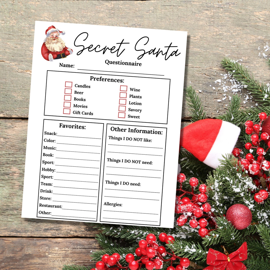 Secret Santa Sign up Sheet Secret Santa Questionnaire - Etsy Canada