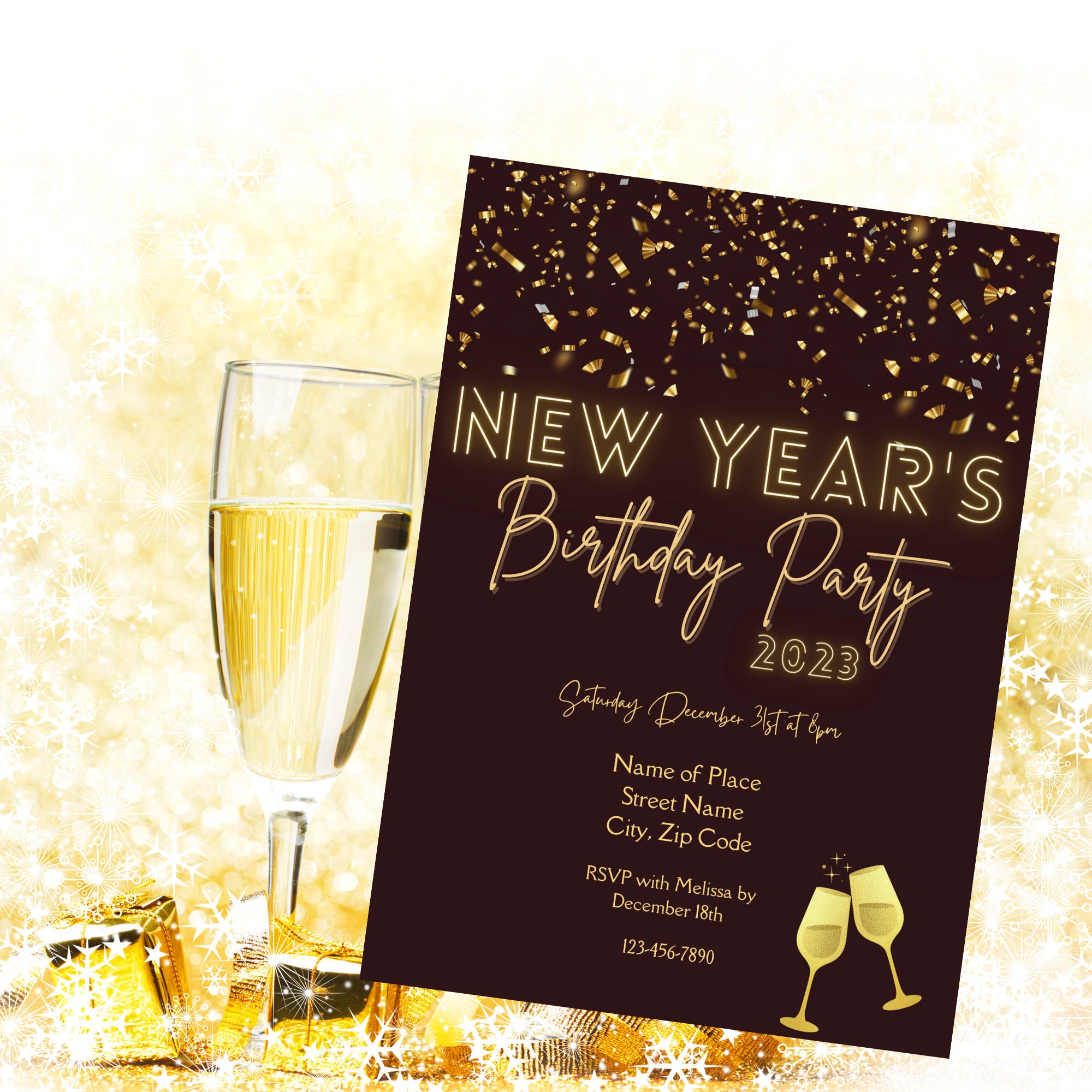 New Years Birthday Invitation Template New Year Birthday Party Invite ...