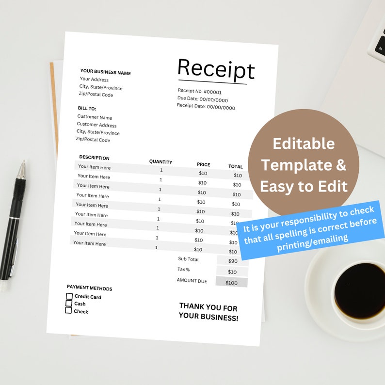Receipt Template | Editable Receipt Template | Receipt Template for ...