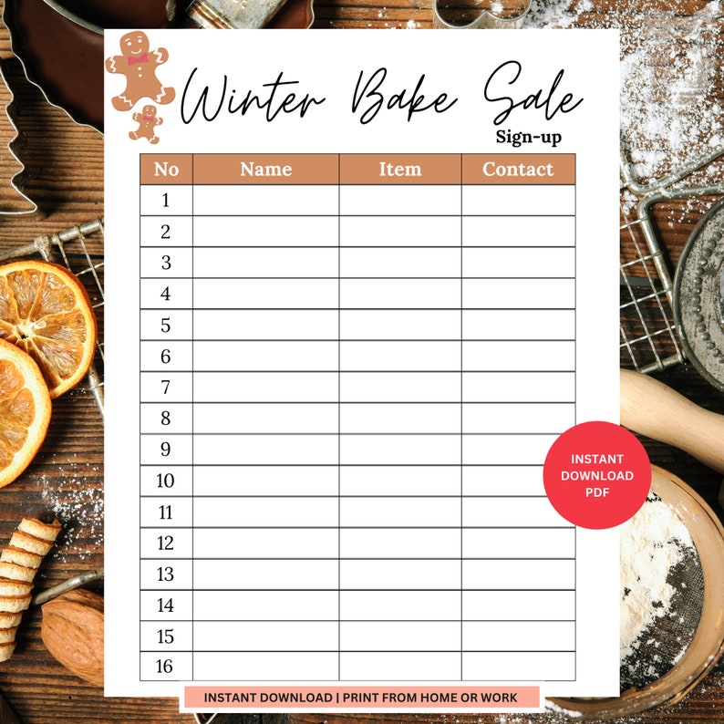 Winter Bake Sale Sign up Sheet | Bake Sale Sheet | Printable Bake Sale ...