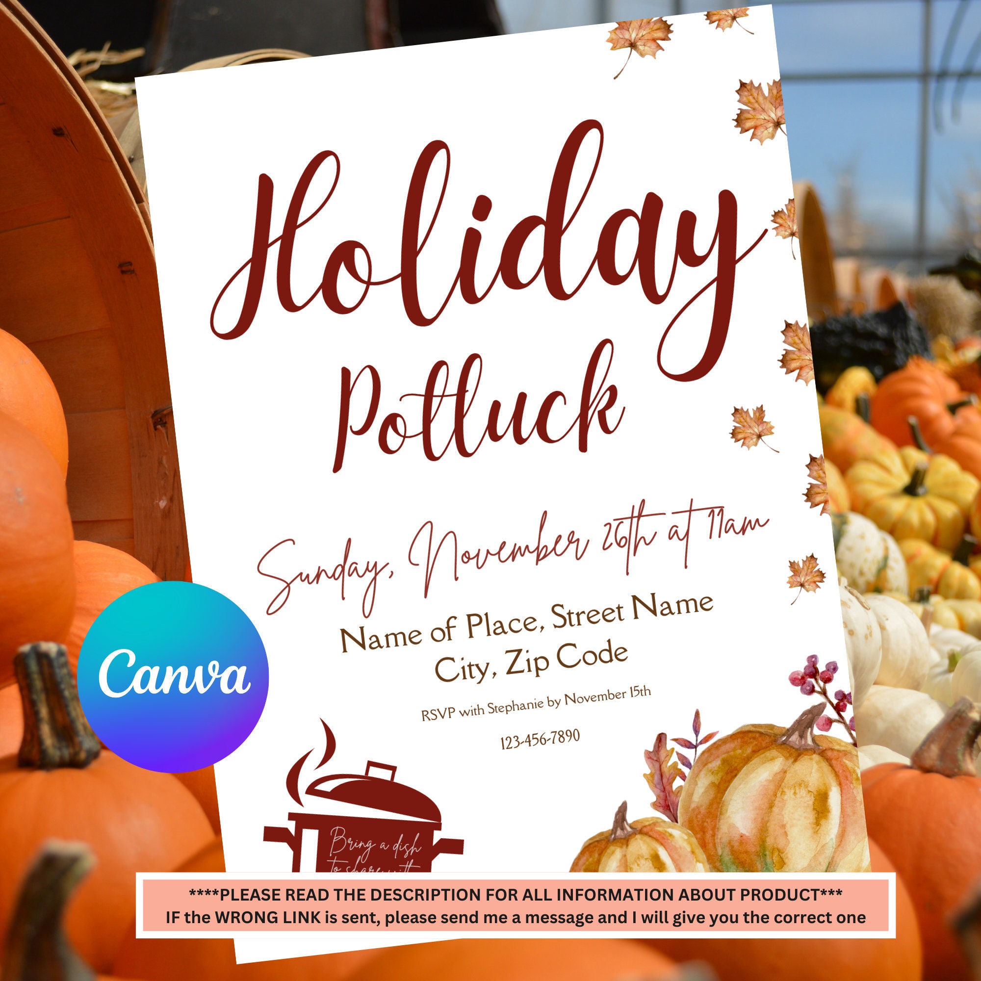 Holiday Potluck Invite Template | Editable Potluck Invitation | Holiday ...