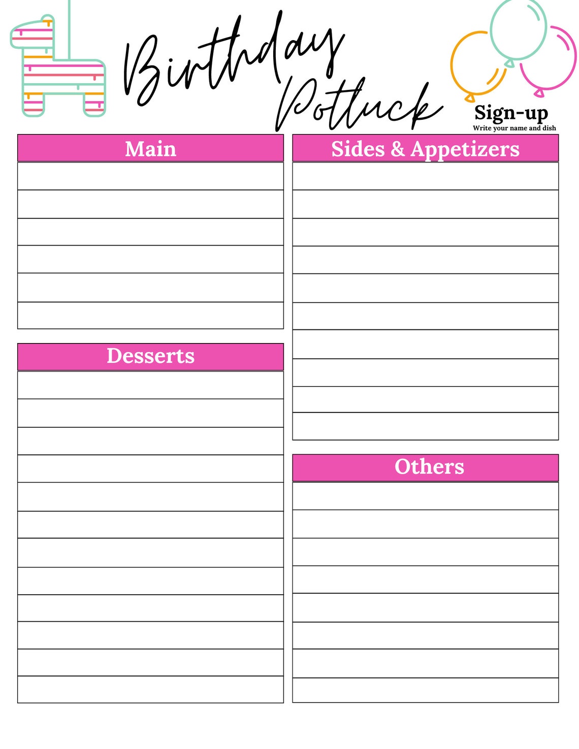 Potluck Sign up Sheet Birthday Potluck Sign up Sheet Birthday Potluck ...