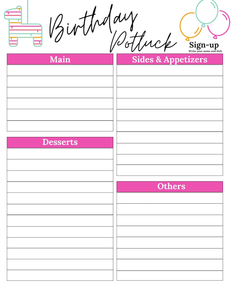 Potluck Sign up Sheet | Birthday Potluck Sign up Sheet | Birthday ...