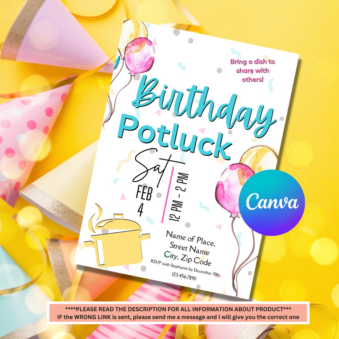 Birthday Potluck Invitation Template | Birthday Party Potluck Invite | Birthday Potluck ...