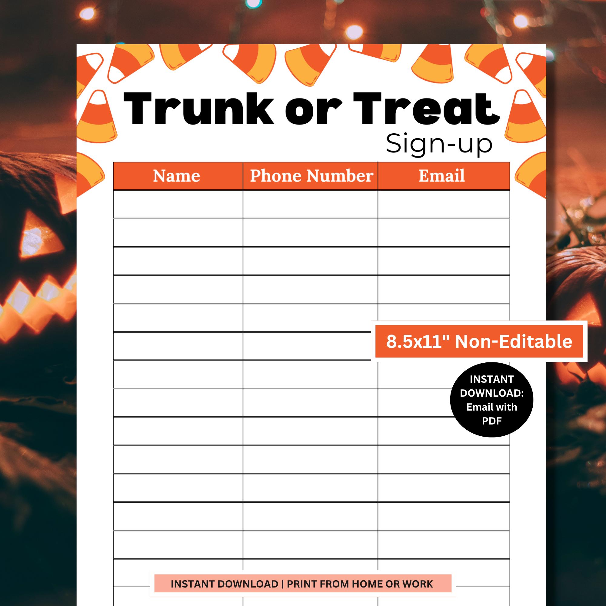 Trunk or Treat Sign up Sheet | Trunk or Treat Party Sheet | Printable ...