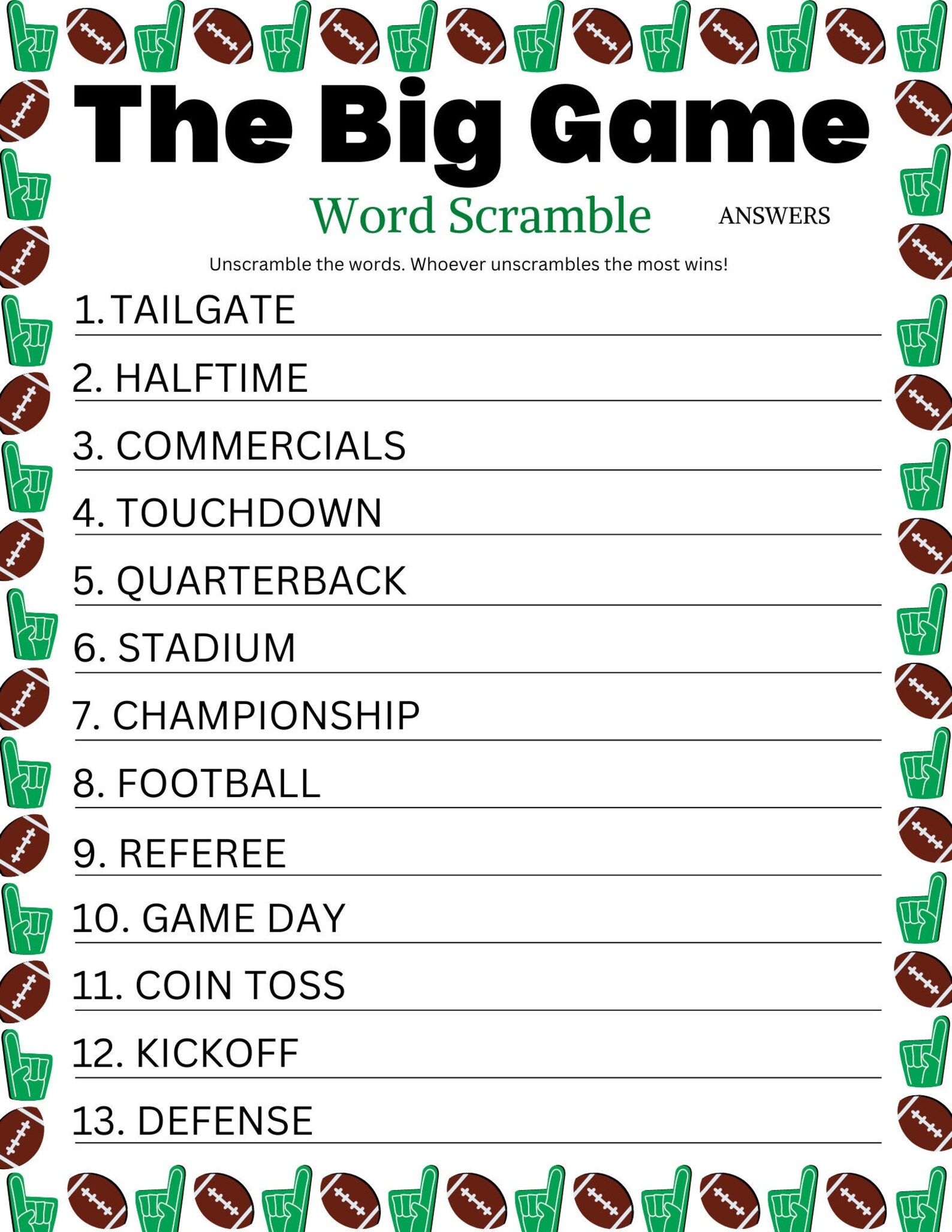 The Big Game Party Games | the Big Game Word Scramble | Big Game Games ...