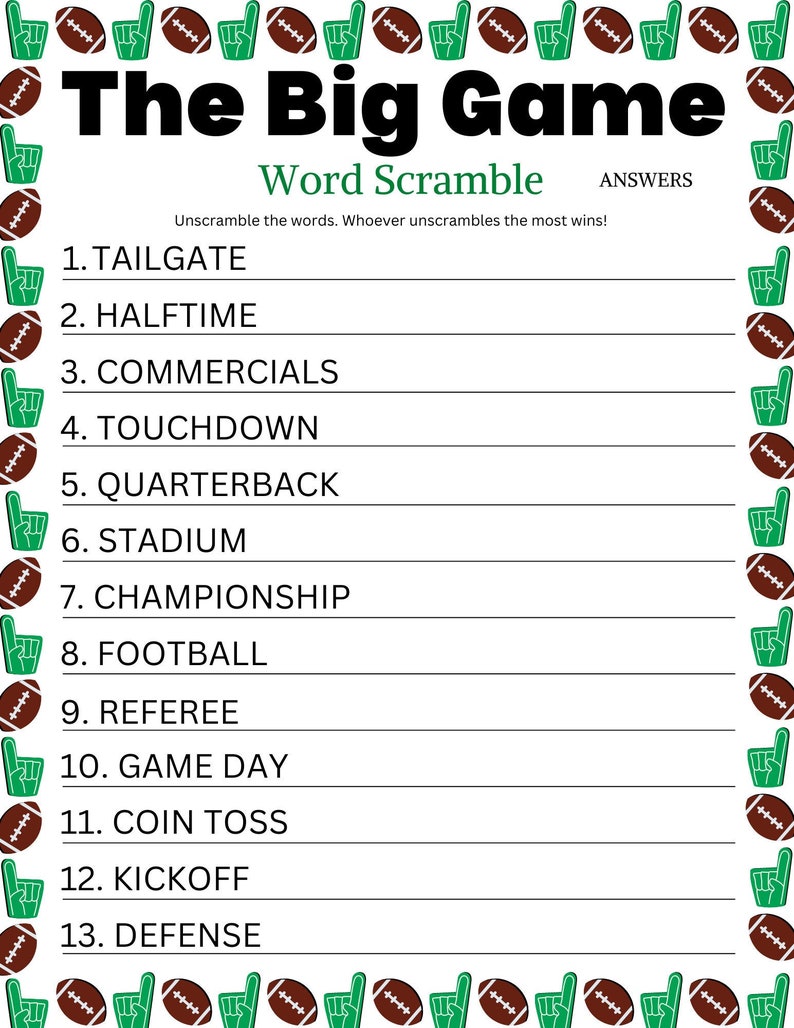 The Big Game Party Games | the Big Game Word Scramble | Big Game Games ...