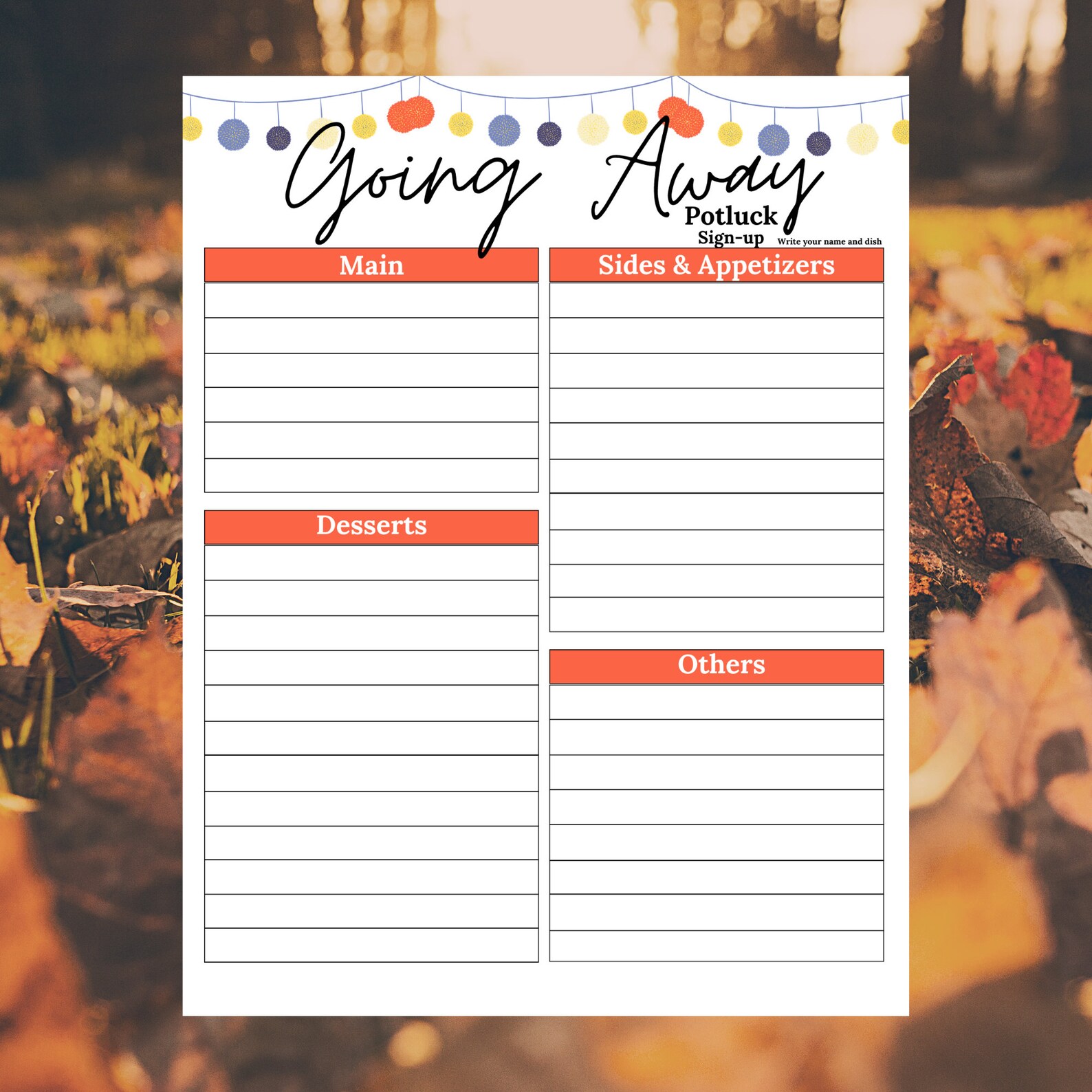 Potluck Sign up Sheet Going Away Potluck Sign up Sheet Going Away ...