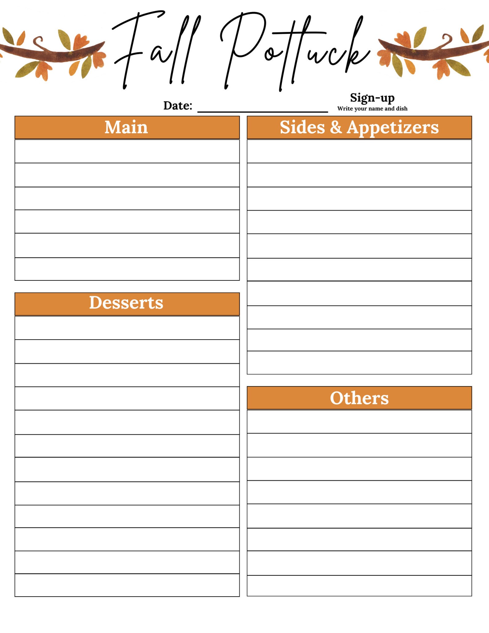 Fall Potluck Sign up Sheet | School Potluck Sign up Sheet ...