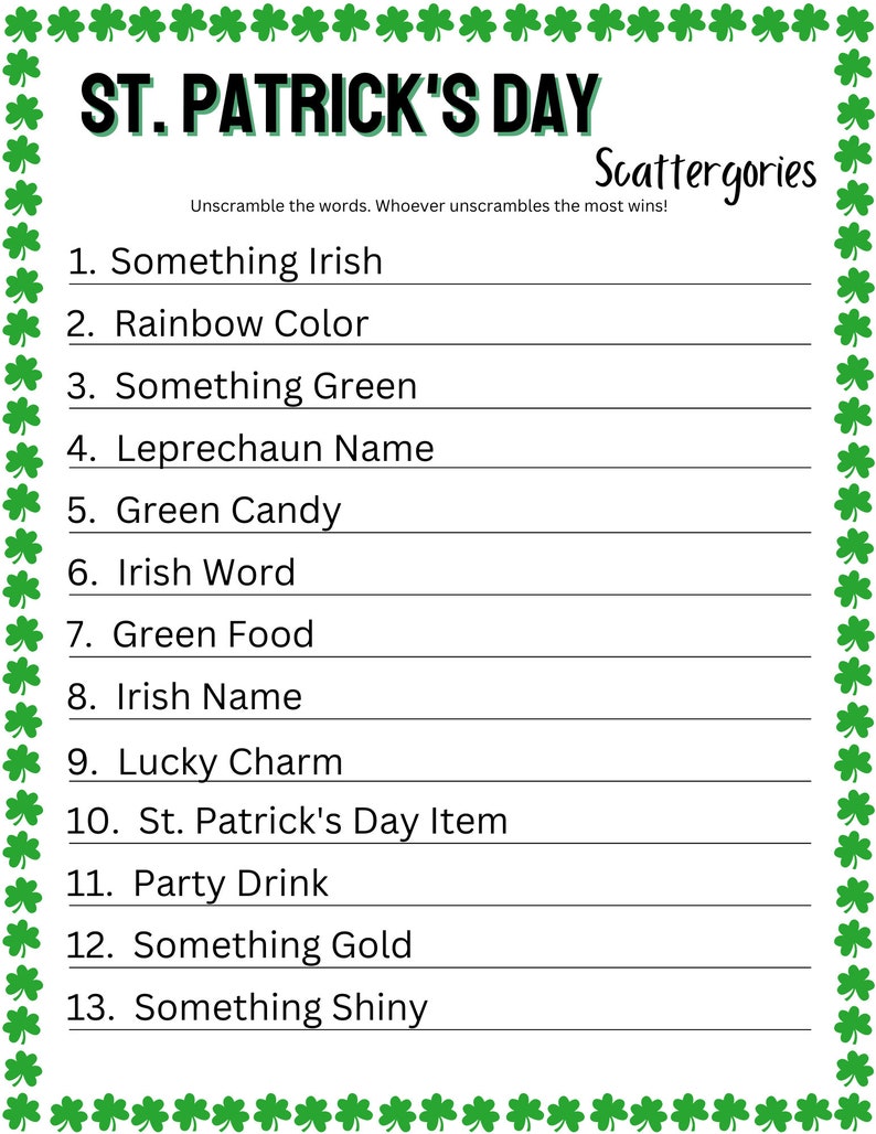 St. Patrick's Day Scattergories St. Patrick's Day Games Family St ...