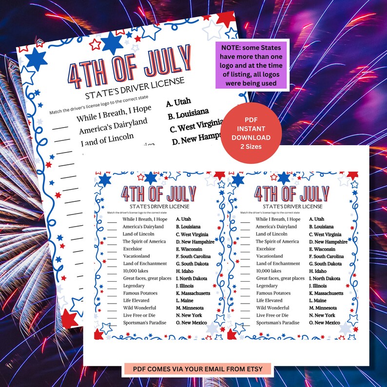 State Drivers License Logo 4th of July Game Independence Day Printable ...