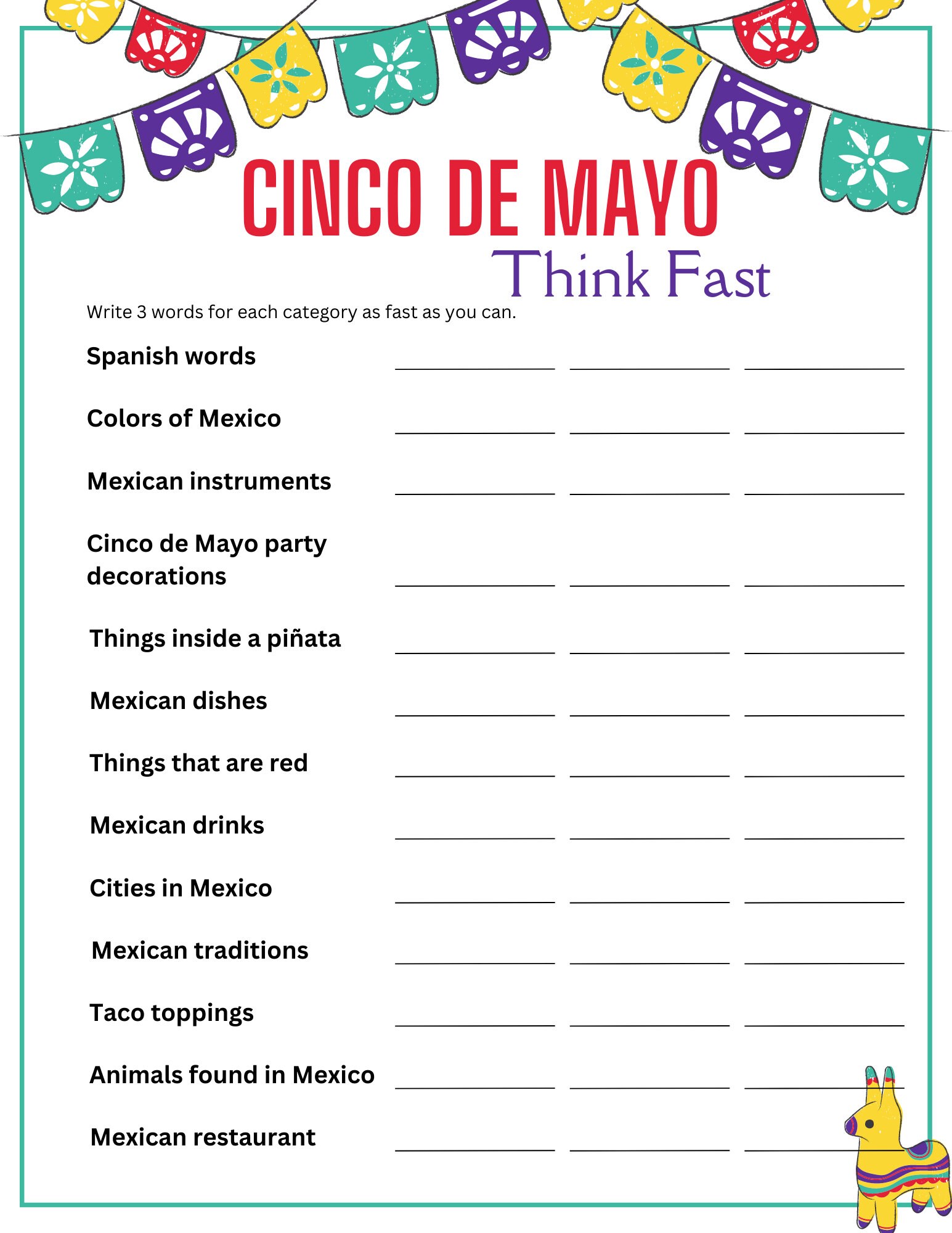 Think Fast Cinco De Mayo Game Cinco De Mayo Printable Games Mexican ...