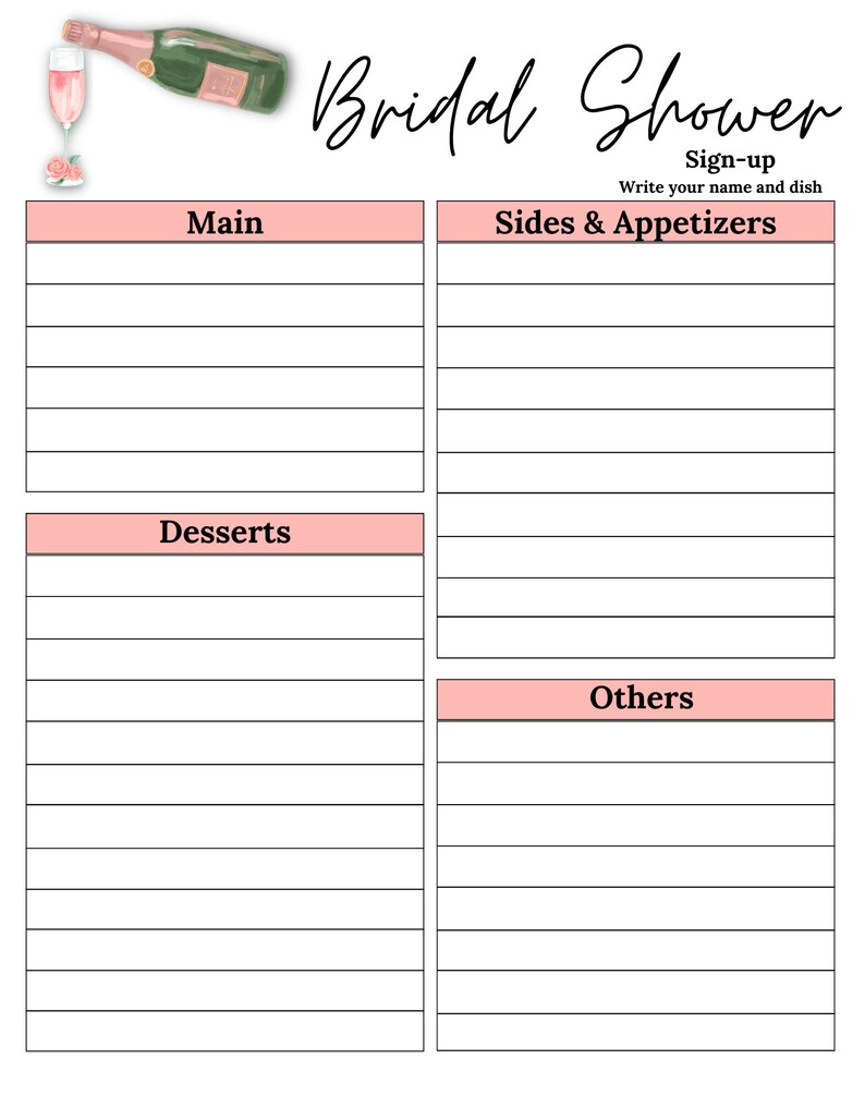 Potluck Sign up Sheet | Editable PDF Bridal Shower Potluck Sign up ...