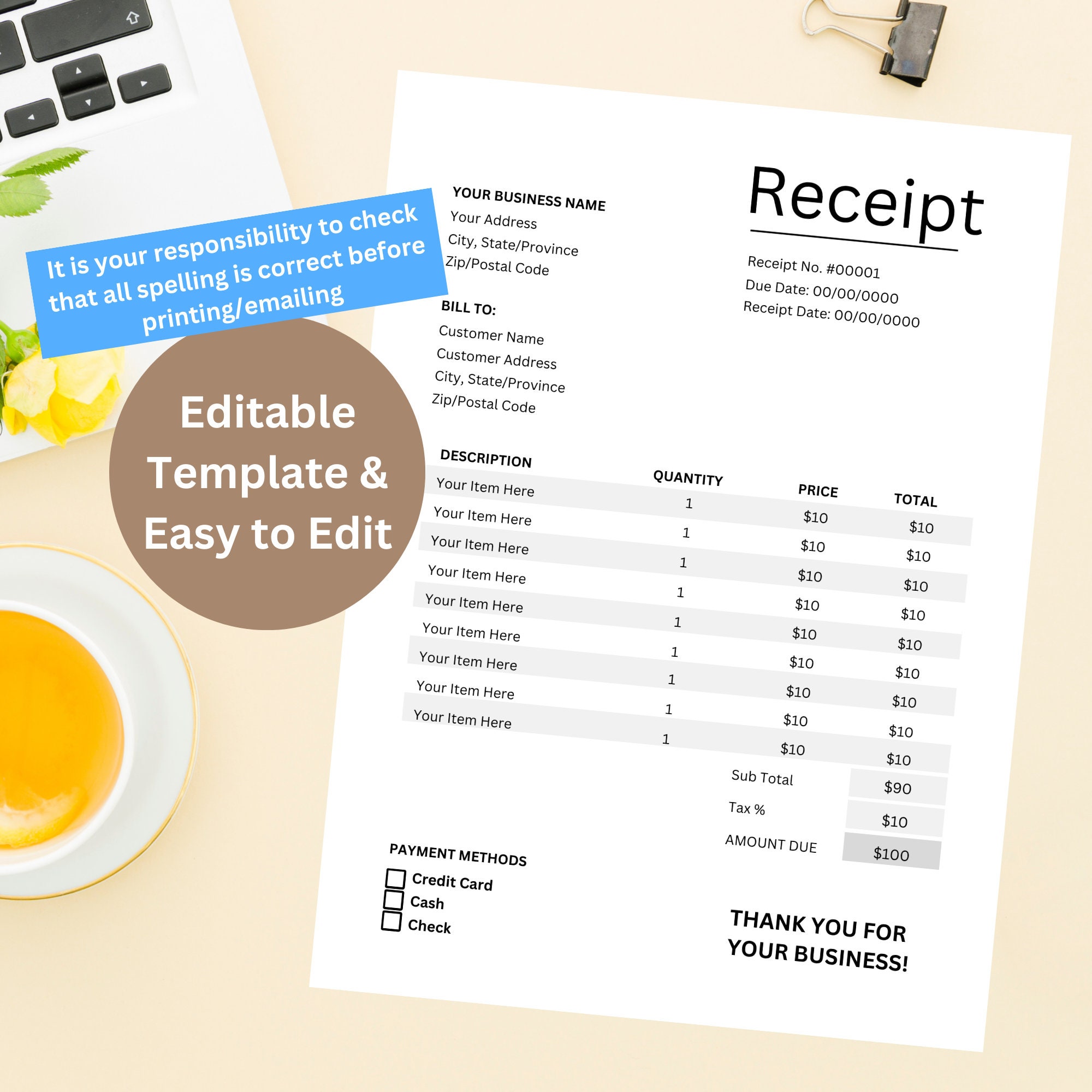Receipt Template | Editable Receipt Template | Receipt Template for ...