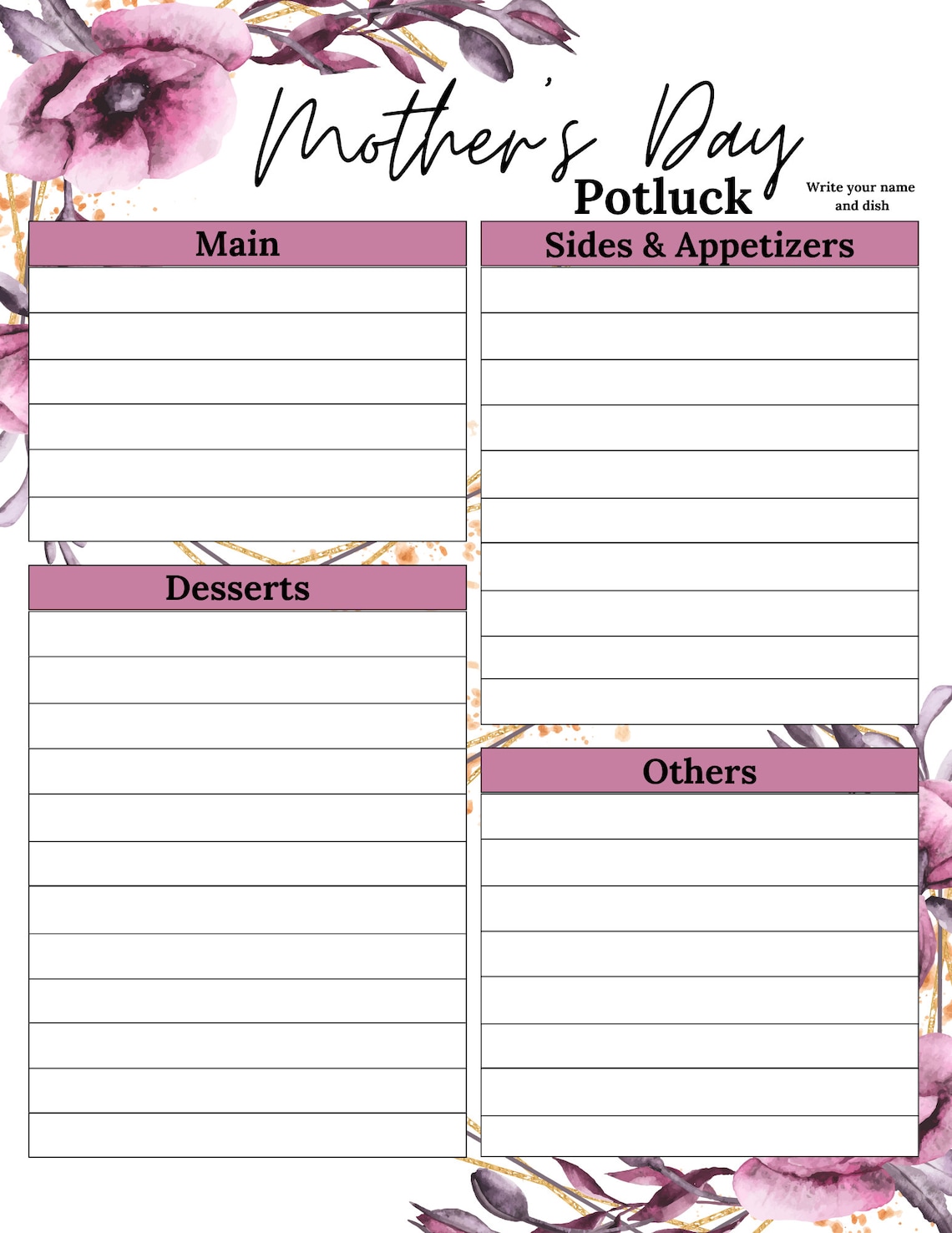 Potluck Sign up Sheet Mother's Day Potluck Sign up Sheet Mother's Day ...
