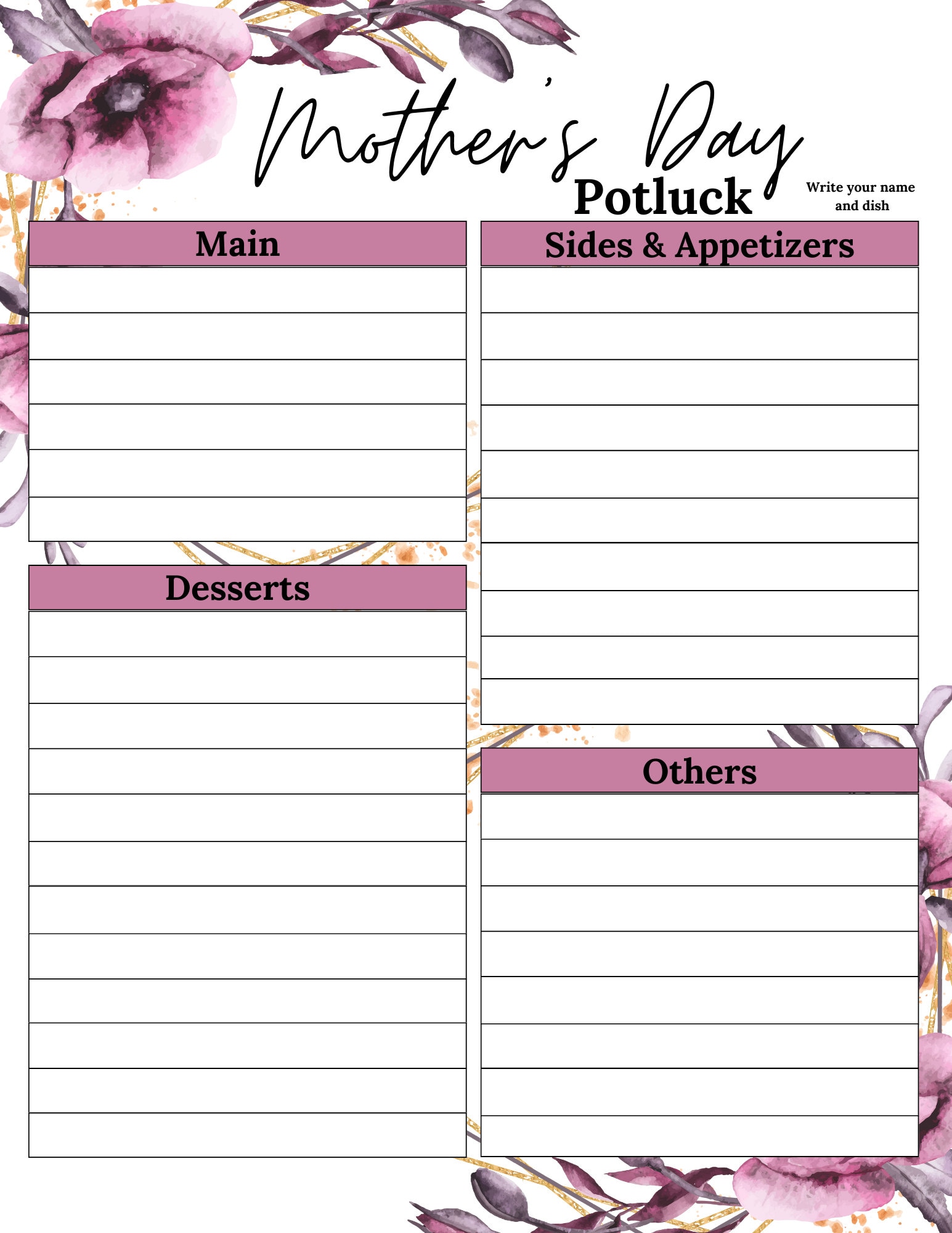 Potluck Sign up Sheet | Mother's Day Potluck Sign up Sheet | Mother's ...
