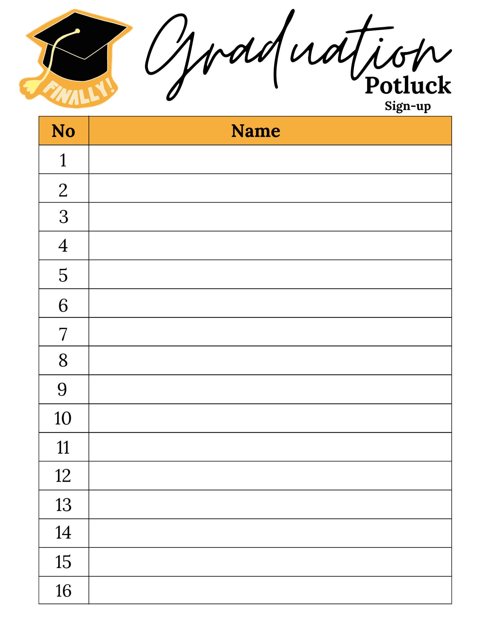 Potluck Sign up Sheet | Graduation Potluck Sign up Sheet | Grad Potluck ...
