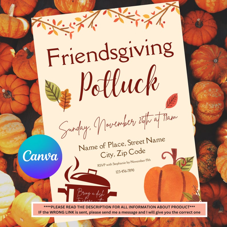 Friendsgiving Potluck Invite Template | Editable Potluck Invitation ...