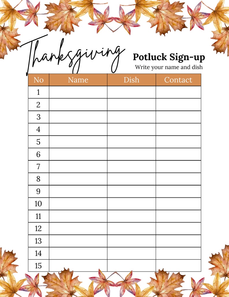 Potluck Sign up Sheet Thanksgiving Potluck Sign up Sheet - Etsy