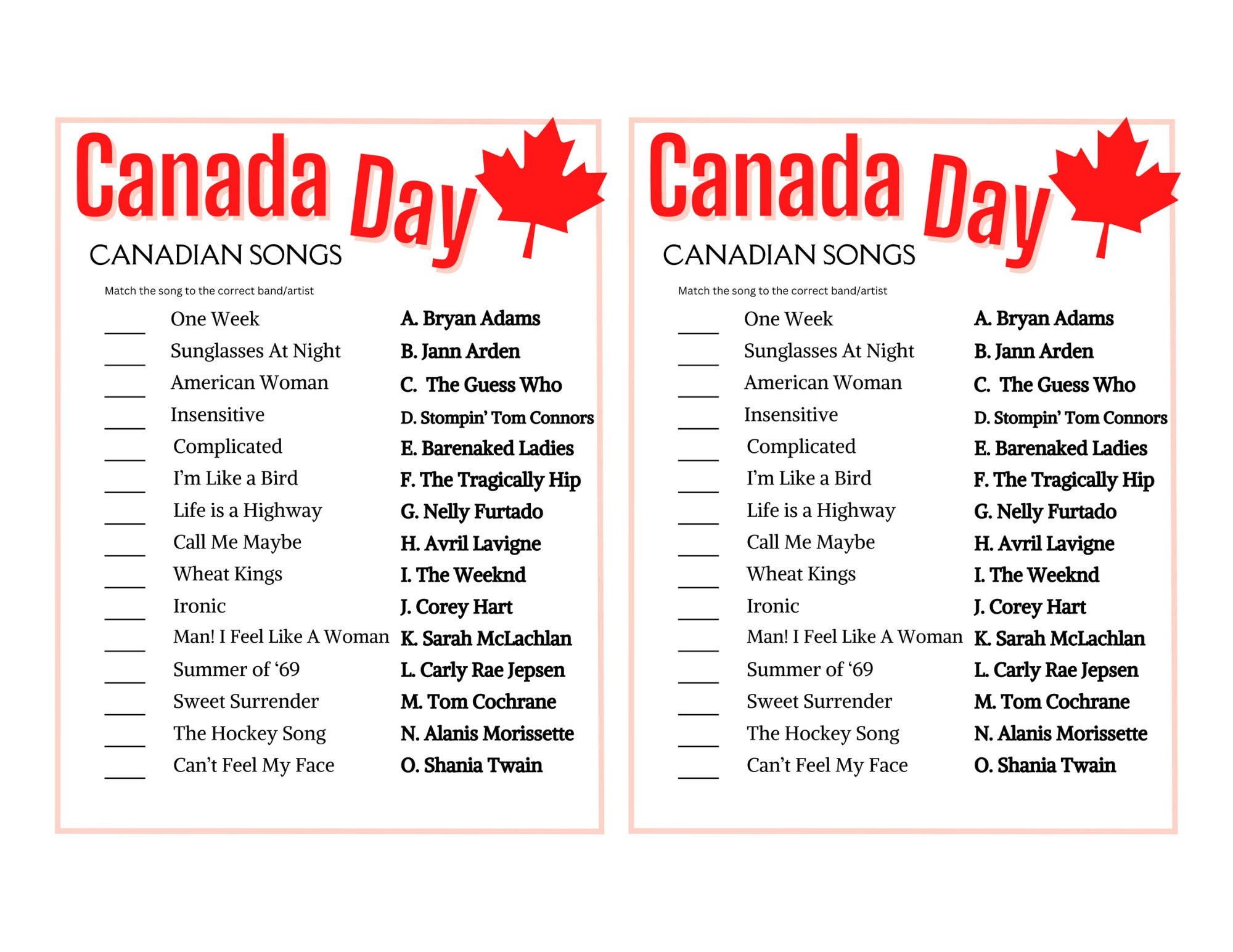 Canadian Songs Canada Day Game | July 1st Printable Games | Canada Day ...