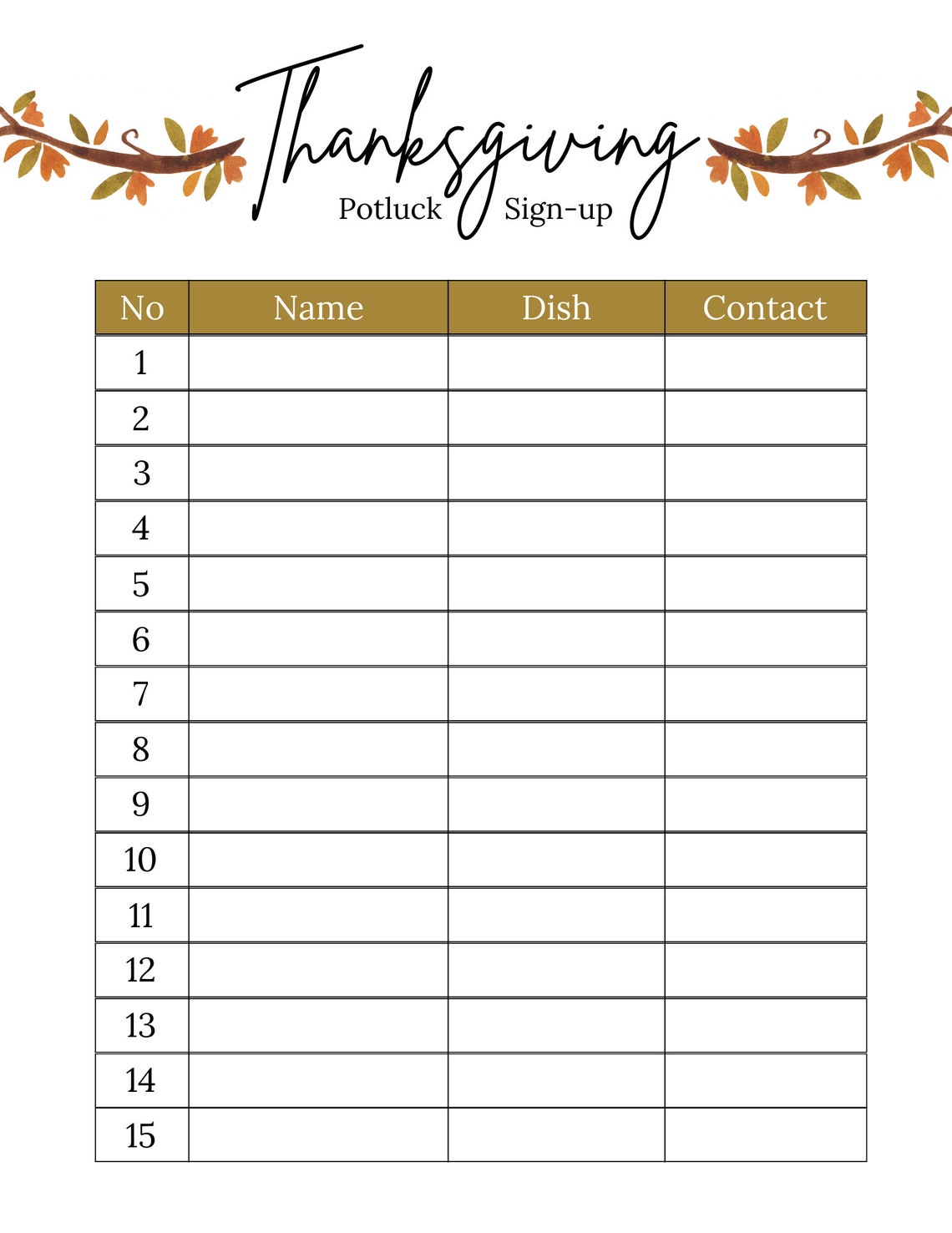 Potluck Sign up Sheet Thanksgiving Potluck Sign up Sheet - Etsy