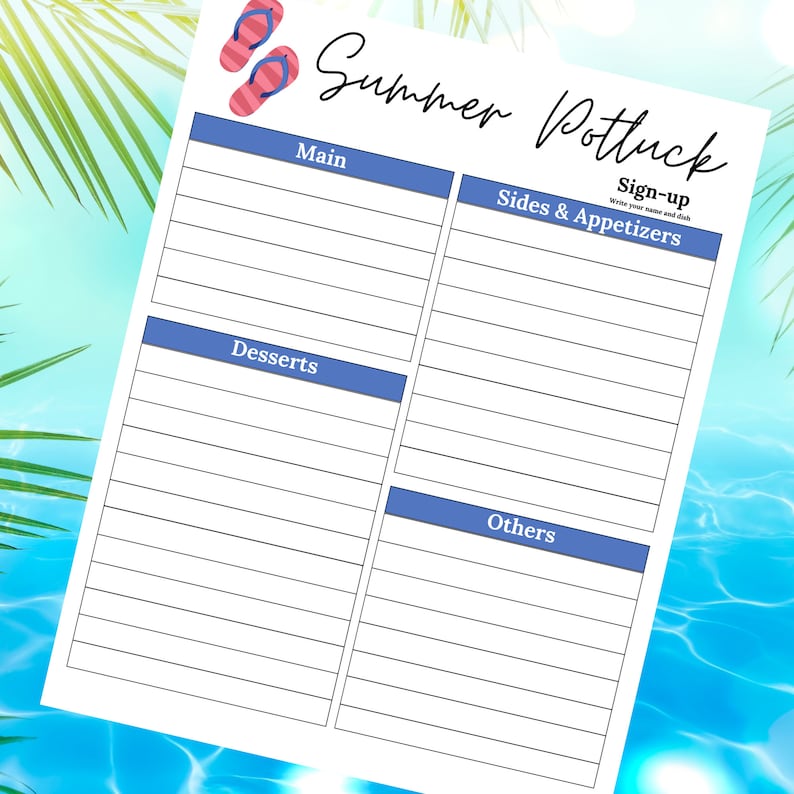 Summer Potluck Sign up Sheet | Summer Potluck Sheet | Summer Potluck ...