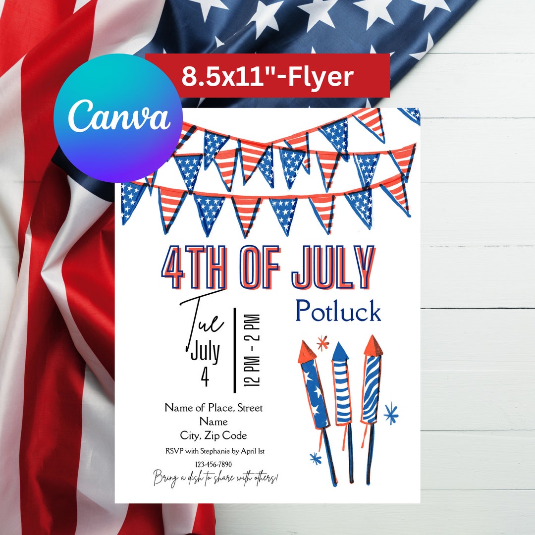 4th of July Potluck Flyer Template | July 4th Potluck 8.5x11 | Fourth ...