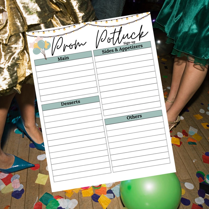 Potluck Sign up Sheet | Prom Potluck Sign up Sheet | Graduation Potluck ...