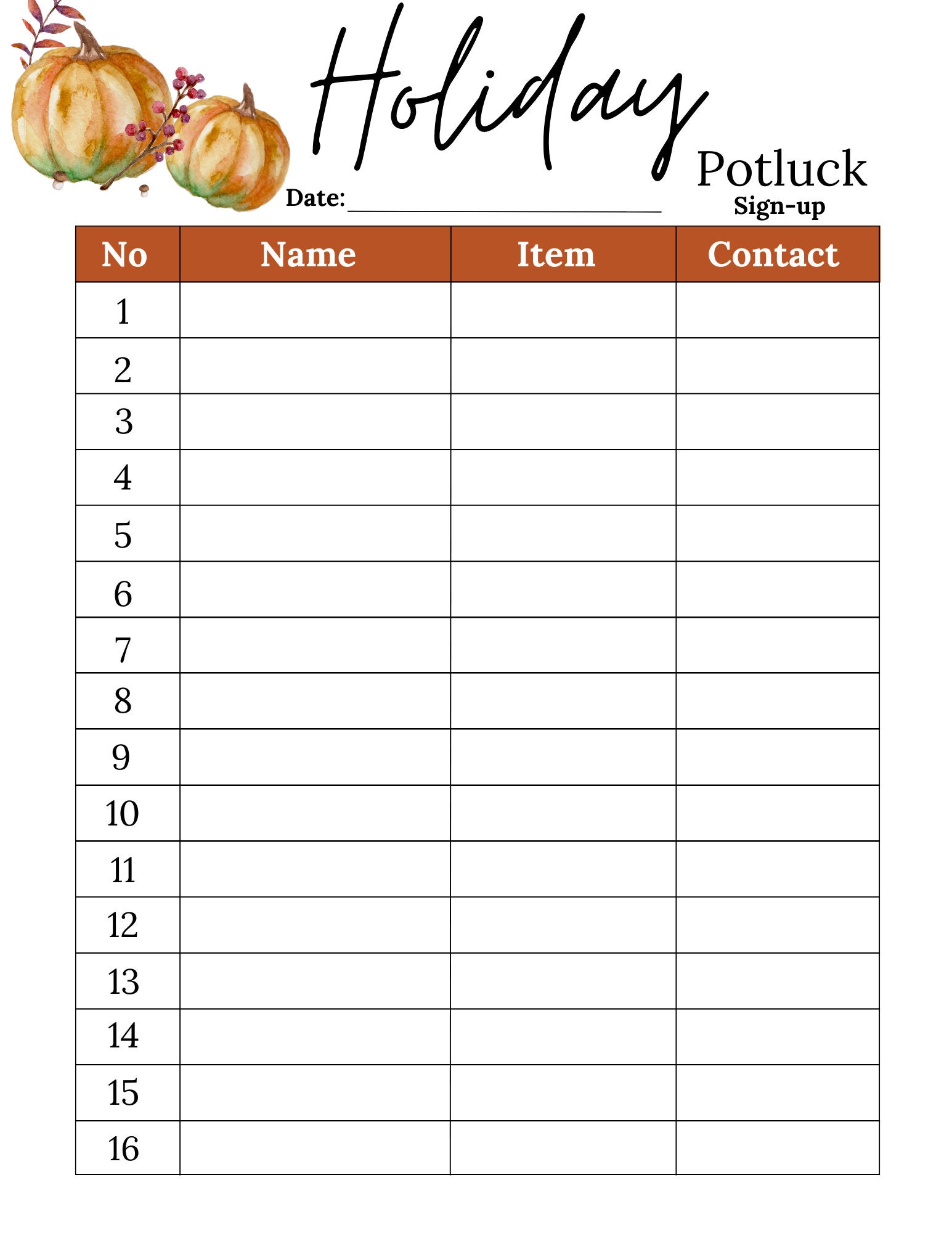 Potluck Sign up Sheet holiday Day Potluck Sign up Sheet Fall Potluck ...