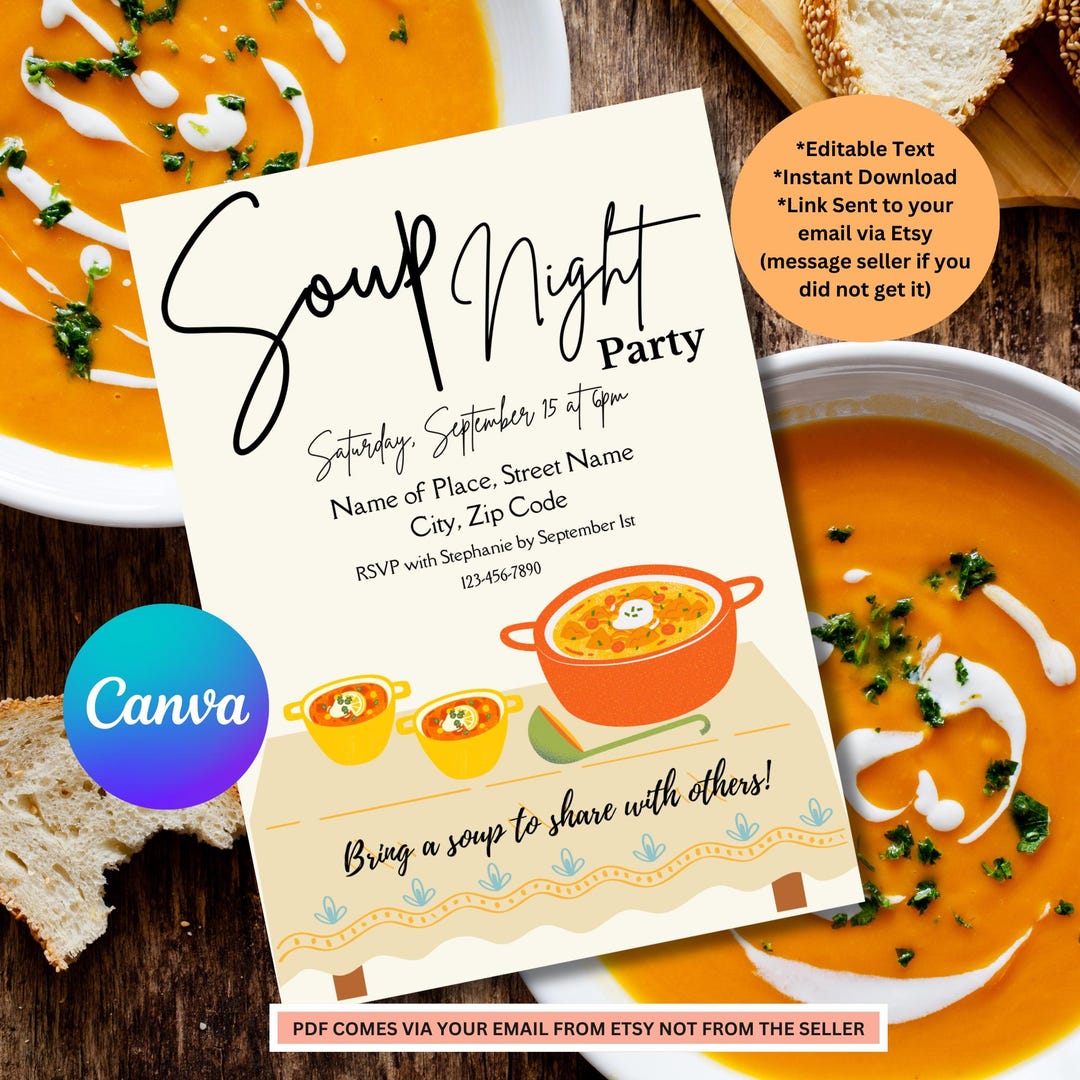 Soup Night Potluck Party Invite Template | Editable Soup Night | Soup ...