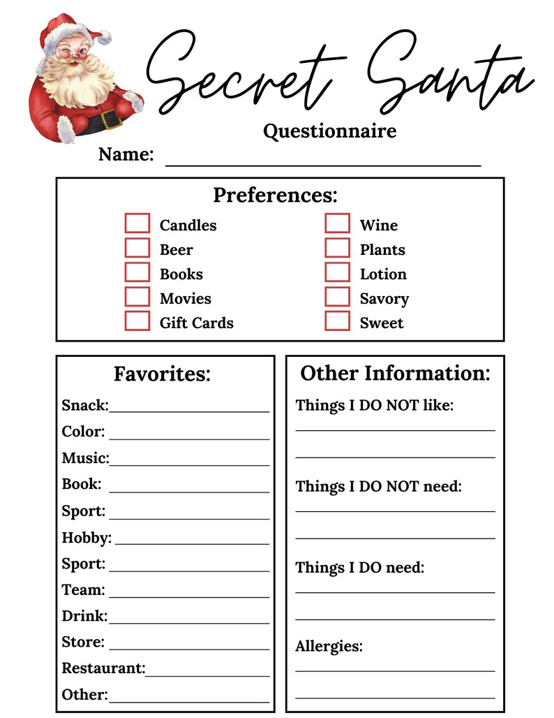 Secret Santa Sign up Sheet Secret Santa Questionnaire Secret Santa Gift ...