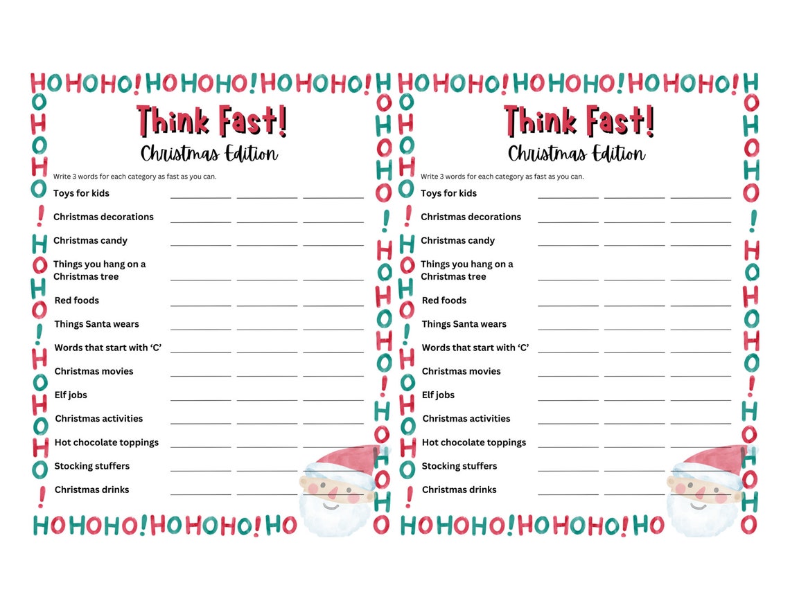 Think Fast Christmas Game Christmas Printable Games Christmas ...