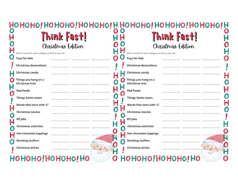 Think Fast Christmas Game | Christmas Printable Games | Christmas ...