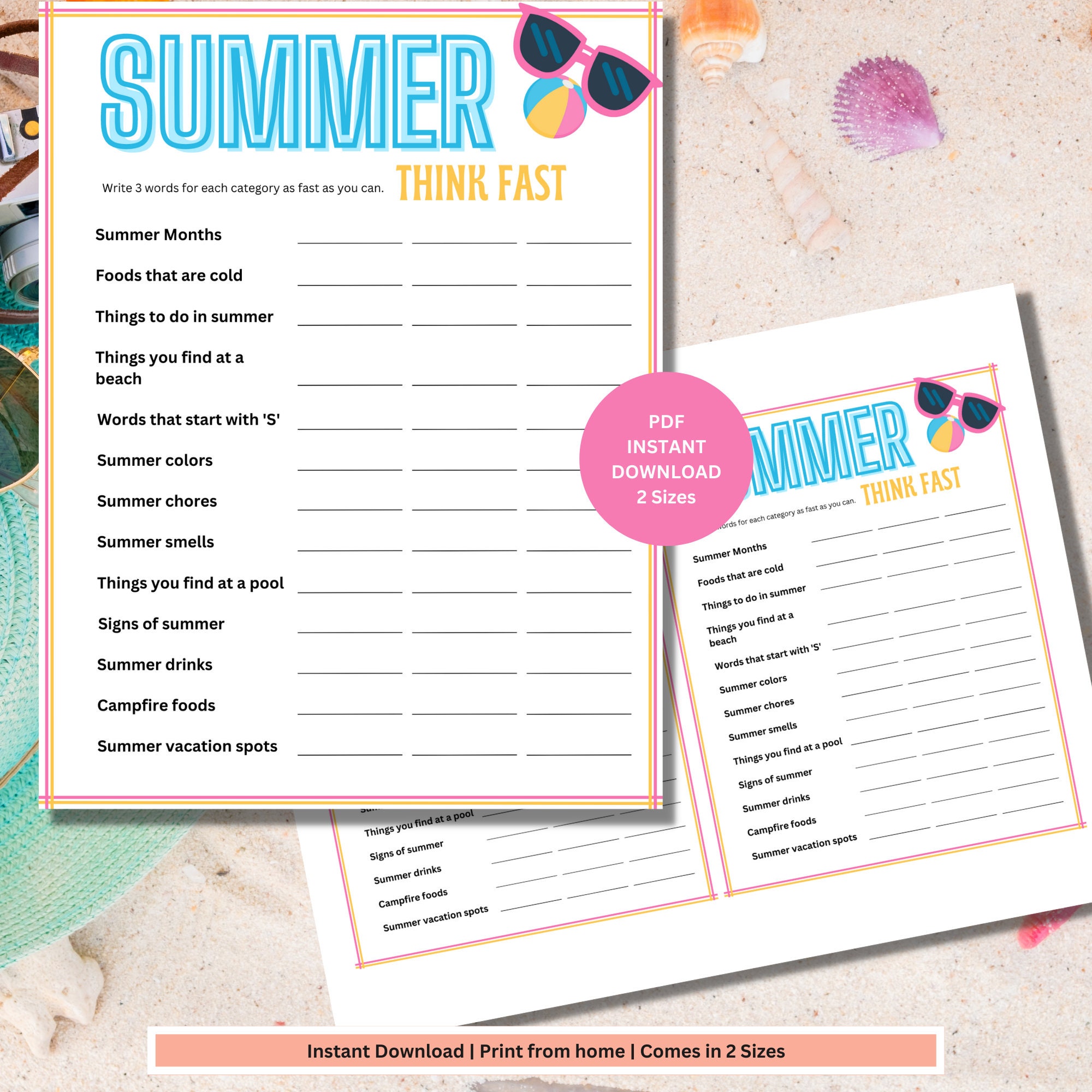 Think Fast Summer Game Summer Printable Games Summer Activities Adult ...