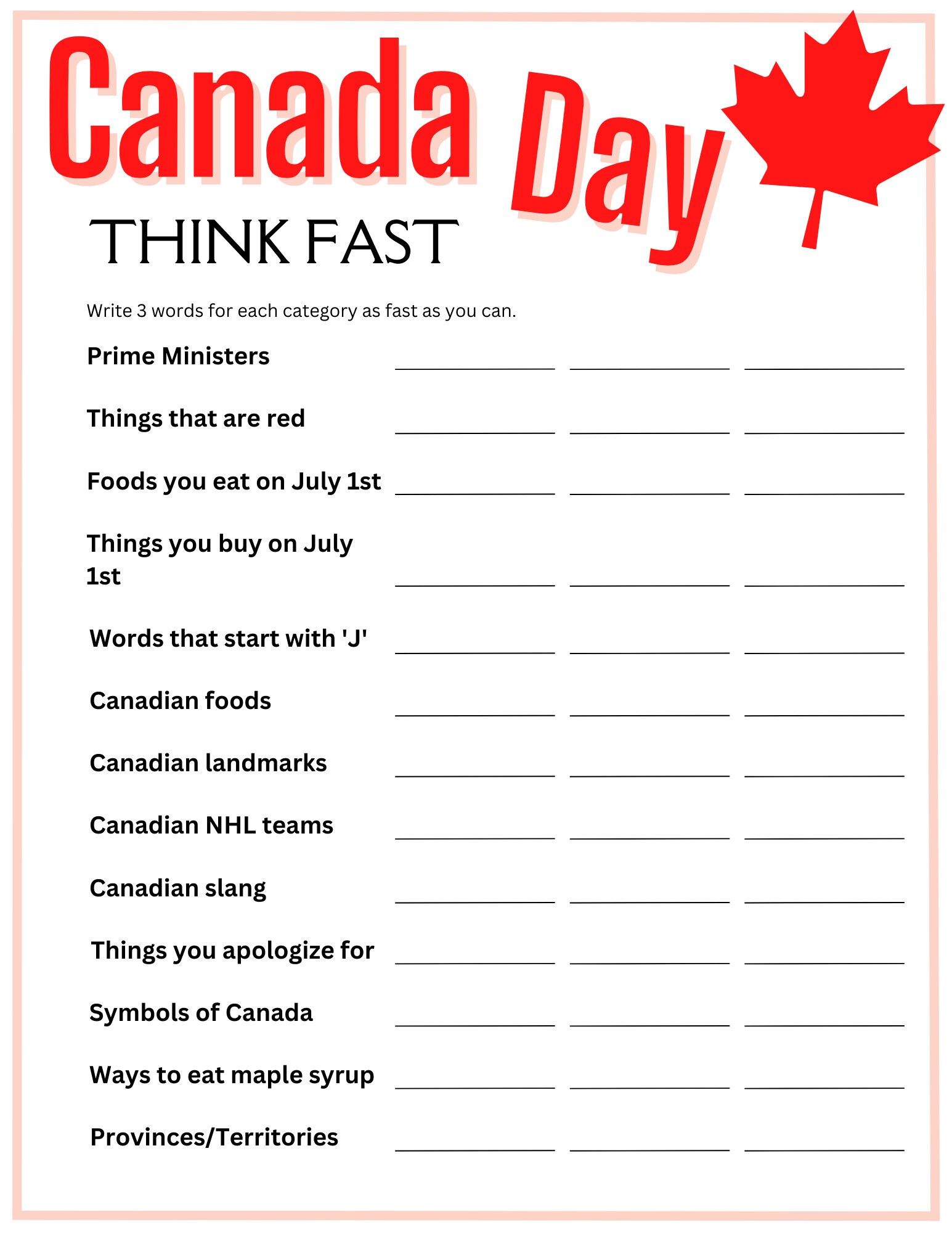 Think Fast Canada Day Game | July 1st Printable Games | Canada Day ...