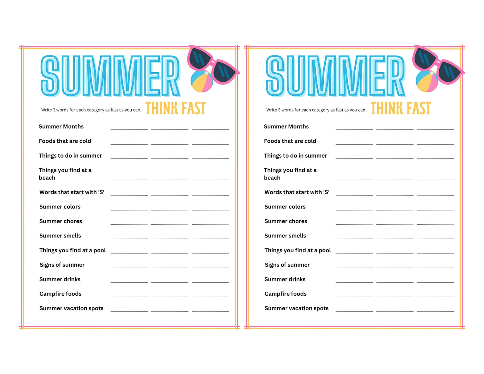 Think Fast Summer Game | Summer Printable Games | Summer Activities ...