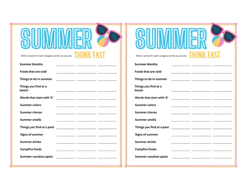 Think Fast Summer Game | Summer Printable Games | Summer Activities ...