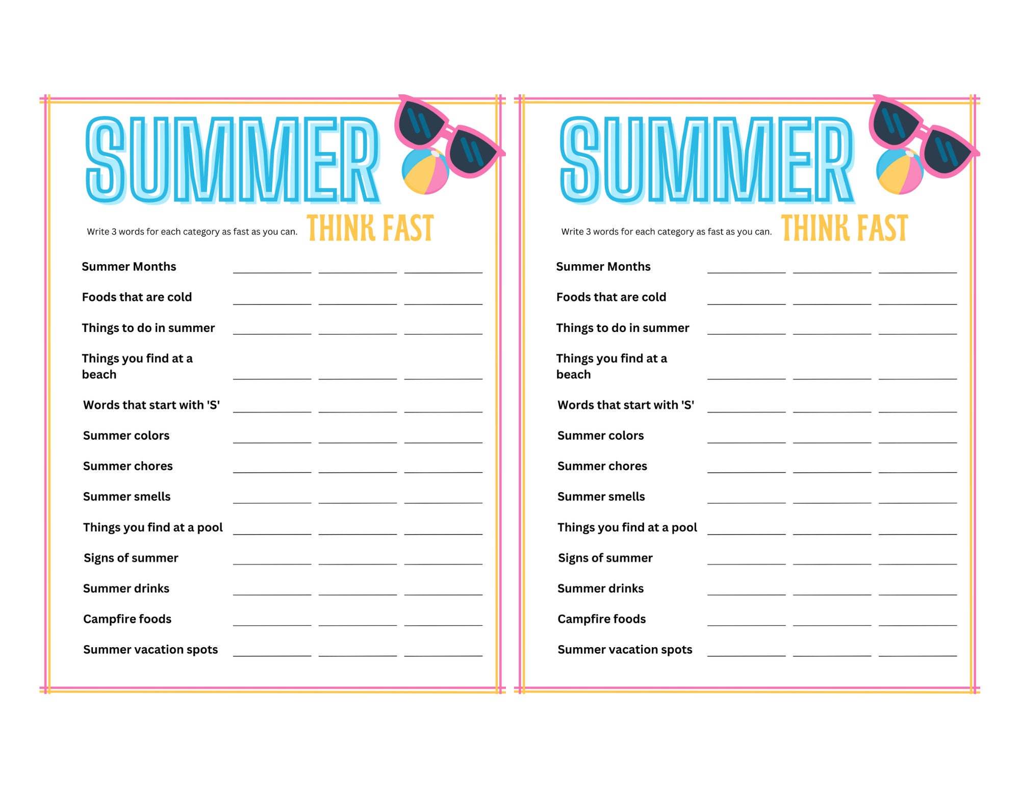 Think Fast Summer Game | Summer Printable Games | Summer Activities ...