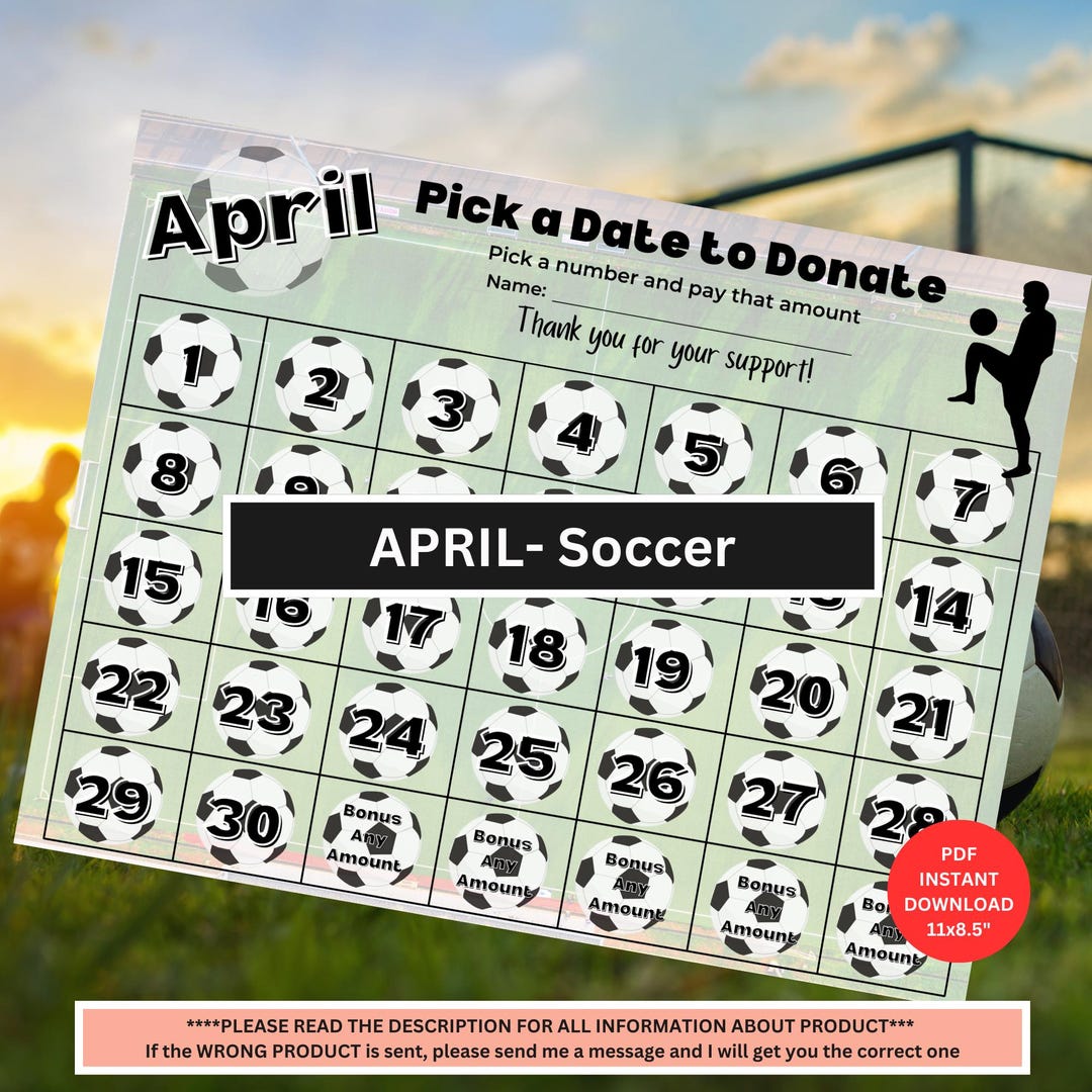 NON-EDITABLE April Soccer Fundraiser Calendar | Pick a Date Fundraiser ...