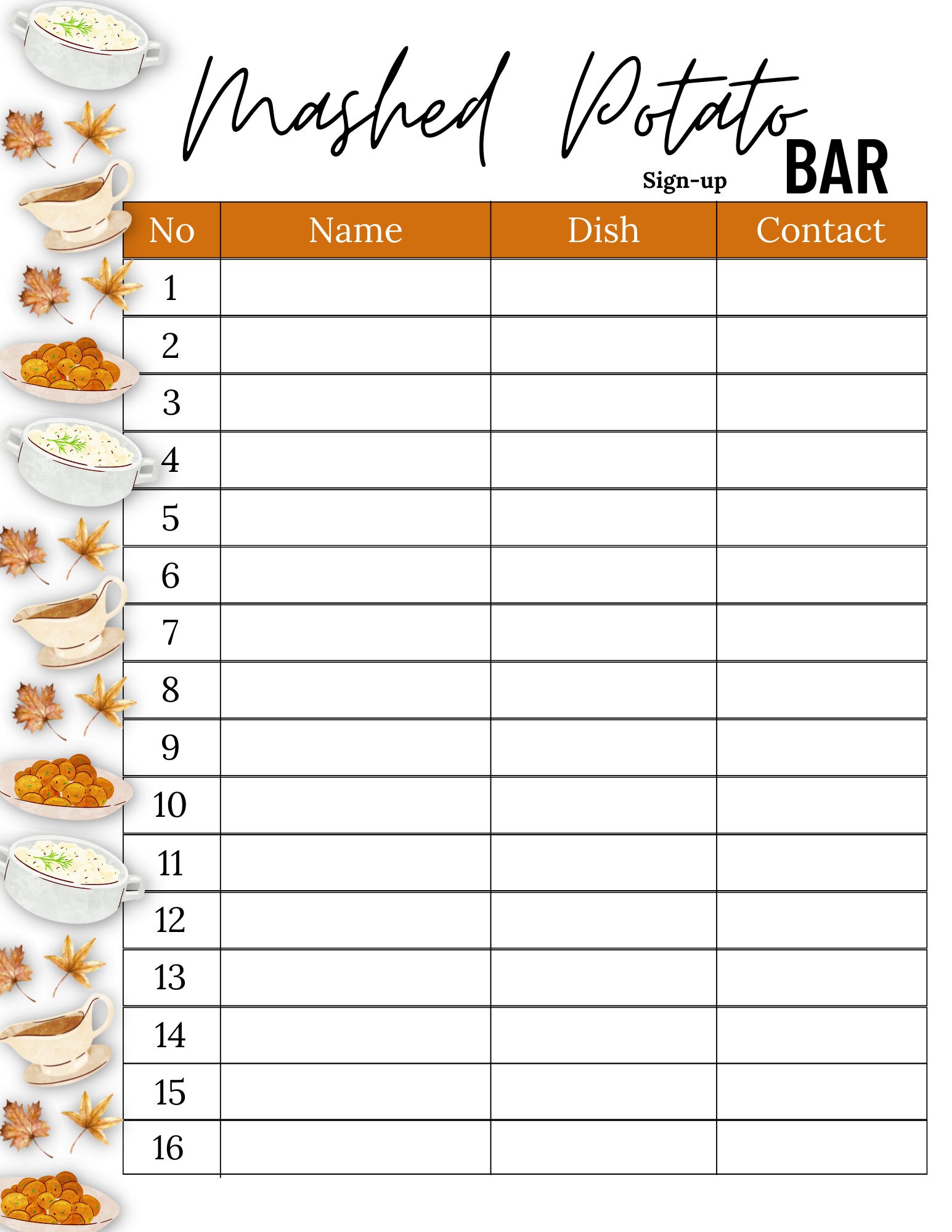 Thanksgiving Sign up Sheet | Thanksgiving Mashed Potato Bar | Fall Sign ...