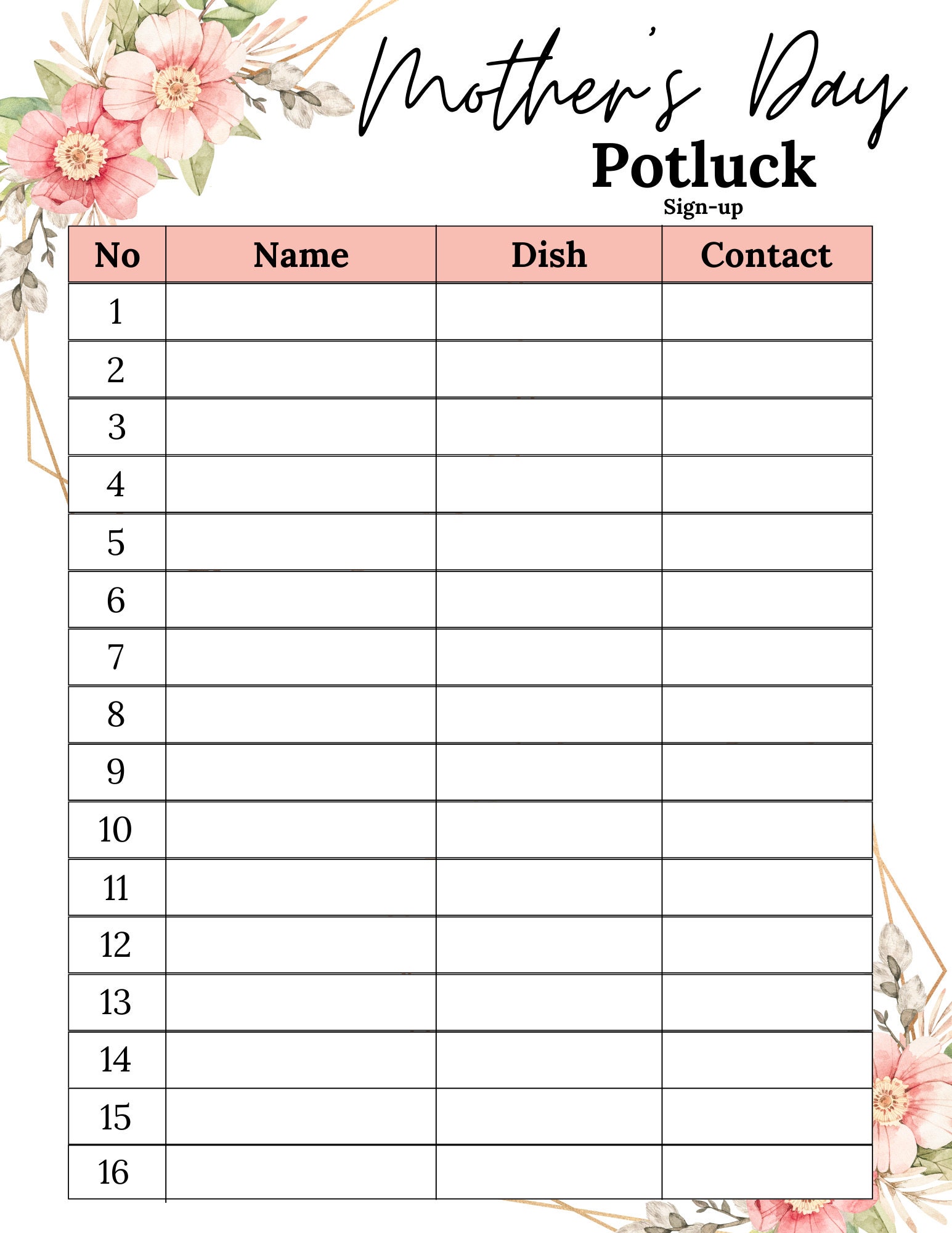 Potluck Sign up Sheet | Mother's Day Potluck Sign up Sheet | Mother's ...