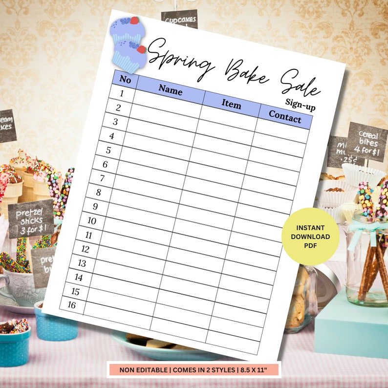 Spring Bake Sale Sign up Sheet | Bake Sale Sheet | Printable Bake Sale ...
