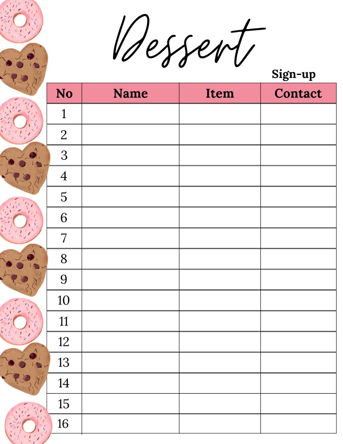 Dessert Sign up Sheet Dessert Sheet Printable Dessert Sign up Sheet ...