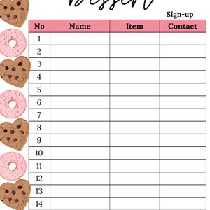 Dessert Sign up Sheet | Dessert Sheet | Printable Dessert Sign up Sheet ...