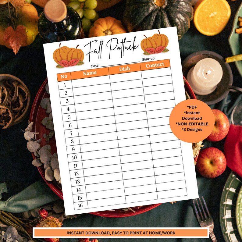Fall Potluck Sign up Sheet | Friendsgiving Potluck | Thanksgiving ...